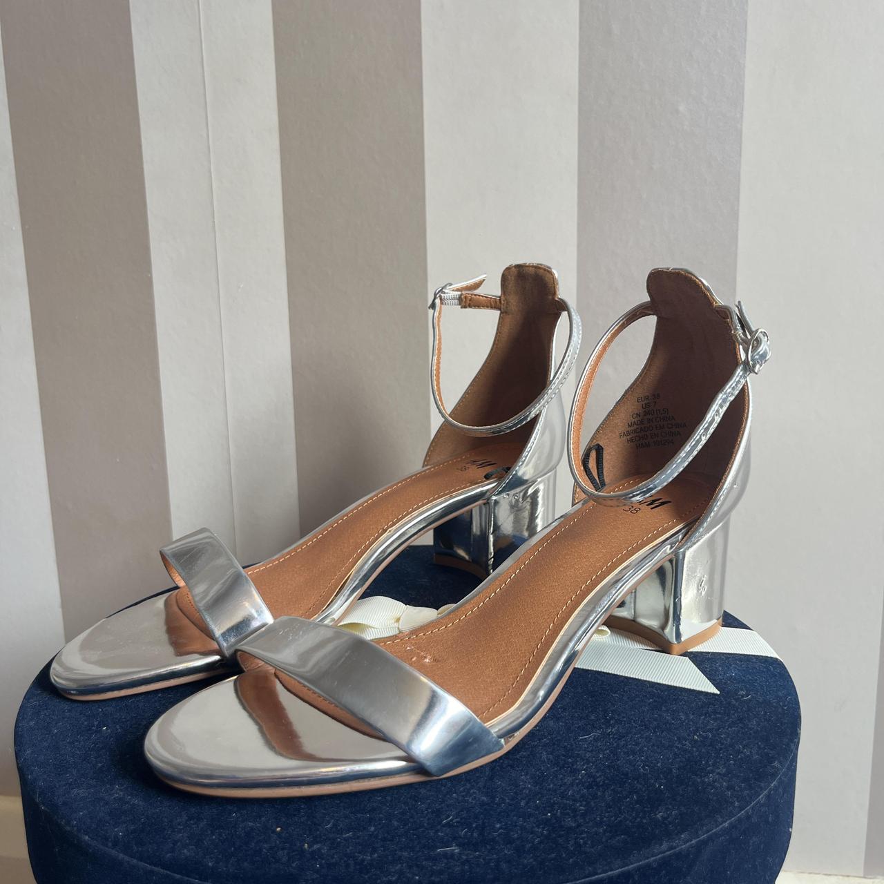 Silver metallic sandals with a 3 inch heel. Never... - Depop