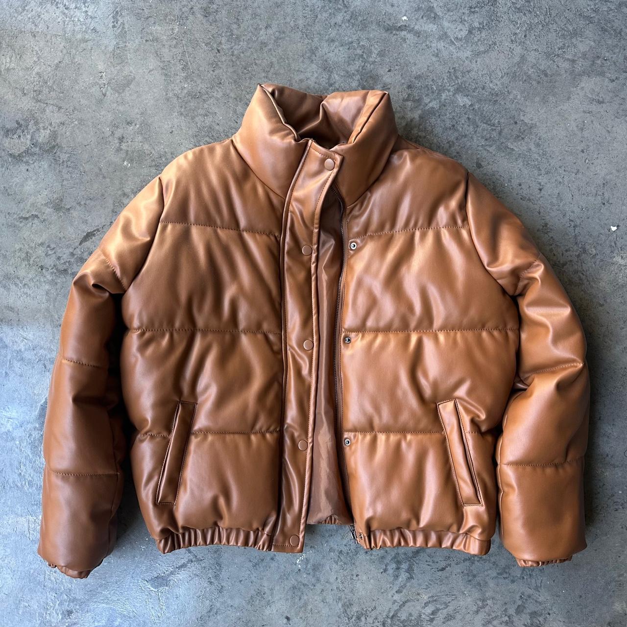 camel/brown leather puffer + zip or button up +... - Depop