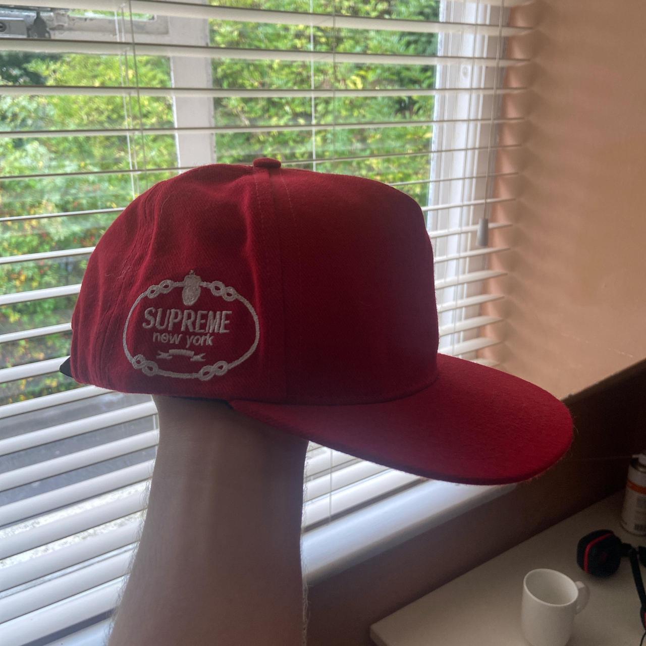 Red supreme hat with leather strap. - Depop