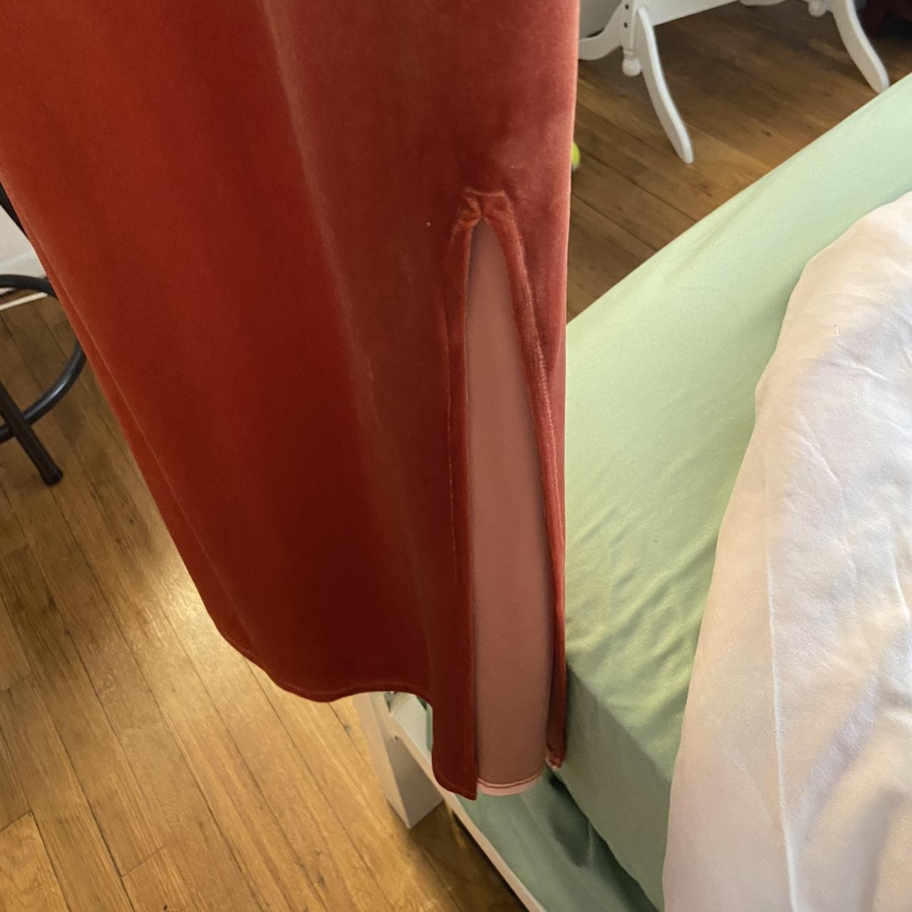 Rust Colored Velvet Midi dress with leg slit Worn Once - Depop