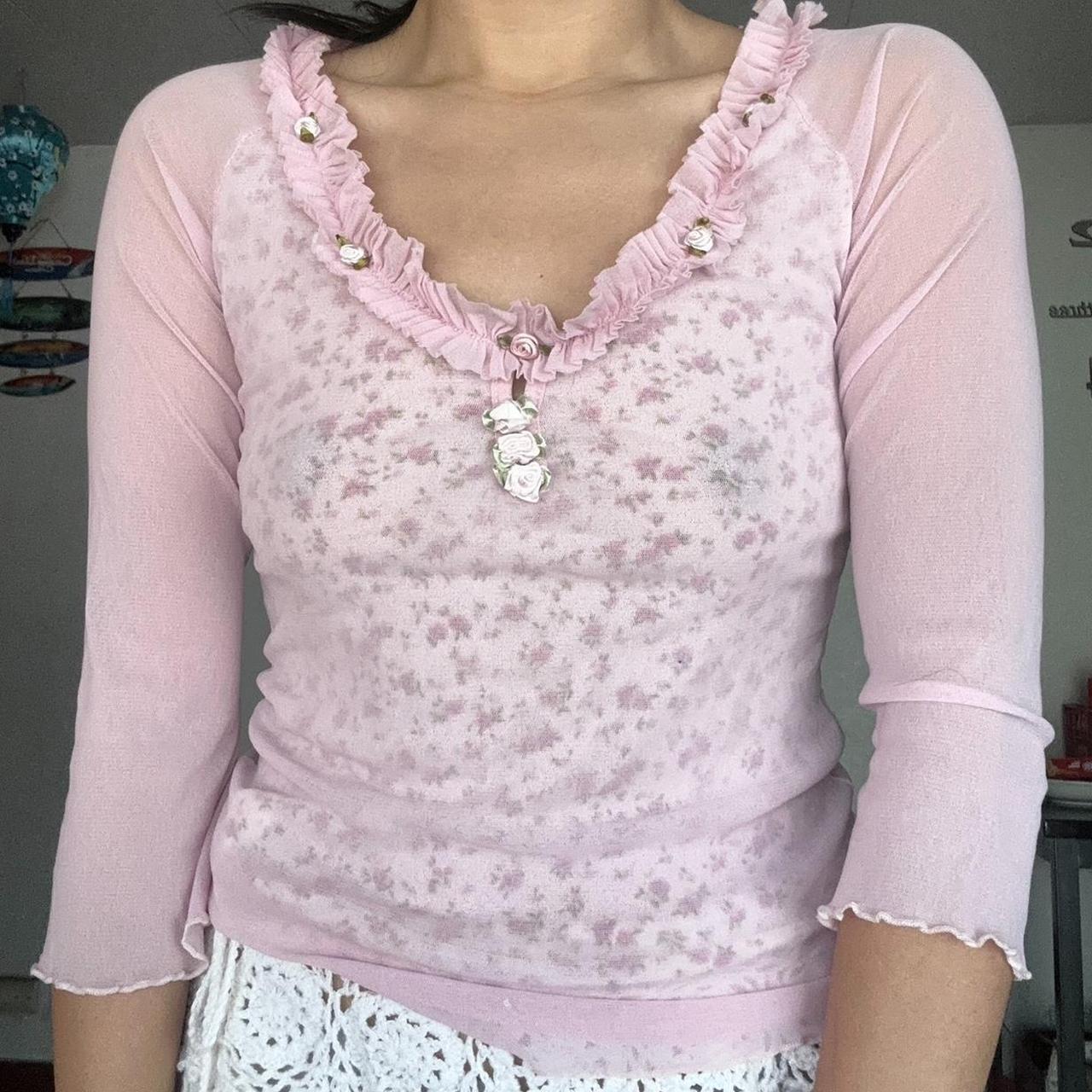 Mesh Ruffle Vintage Sheer Floral Top So cute from... - Depop