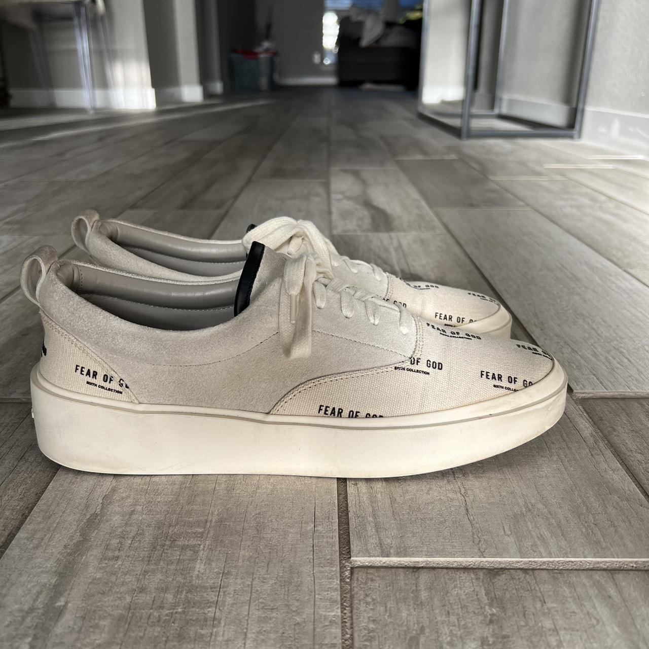 Cream Fear of God all over print sneakers - still... - Depop