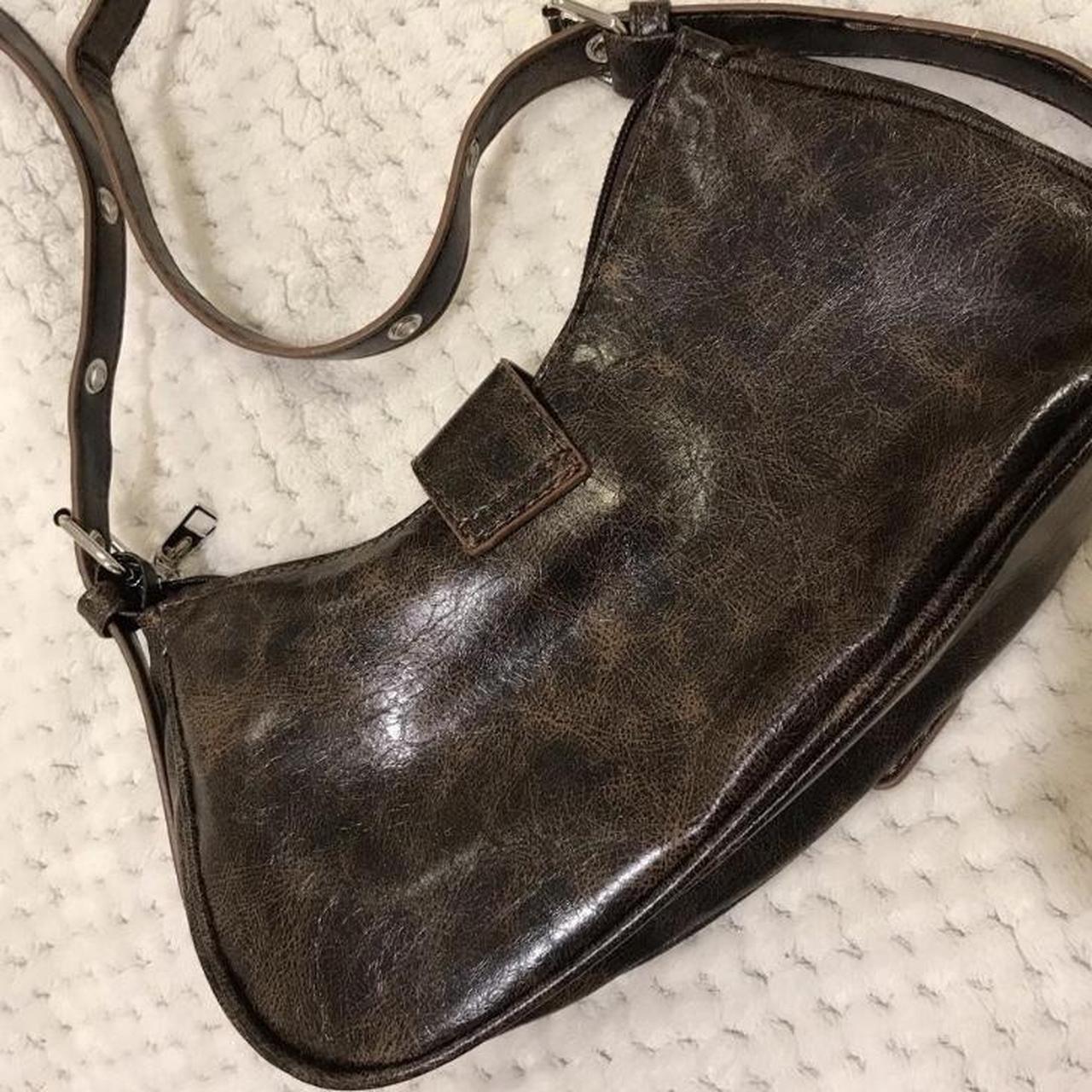 Stunning faux faded leather brown bag with silver... - Depop