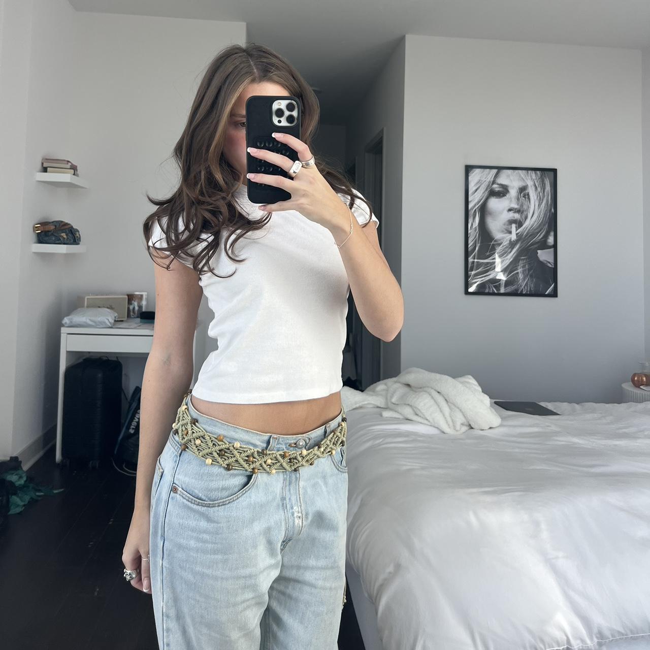 vintage insane sage green yarn belt with small wood... | Depop