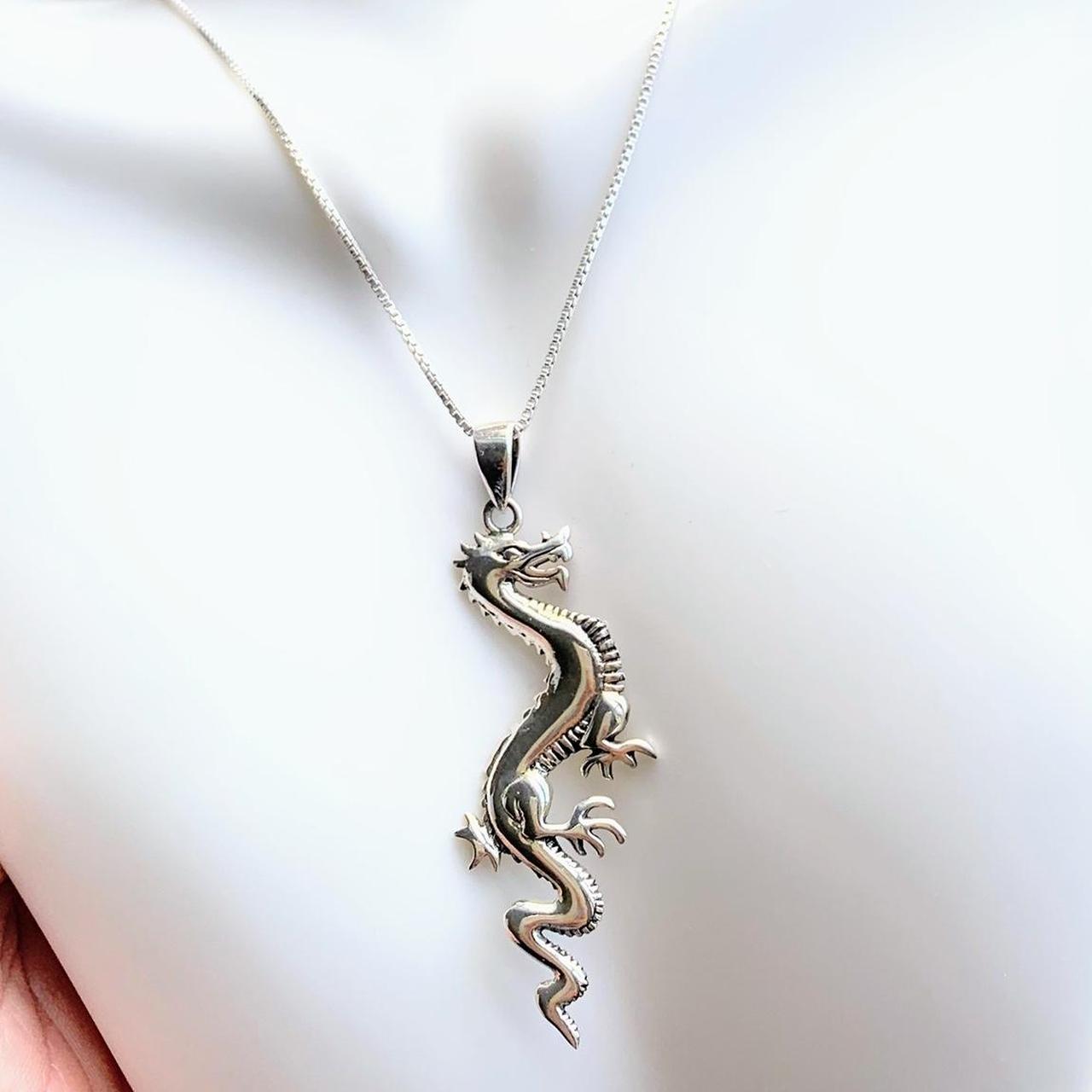 925 Sterling Silver Dragon Pendant Necklace Length:... - Depop