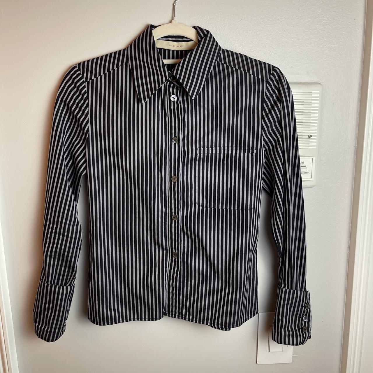 Stacy Haase lavender and black pin striped button up... - Depop