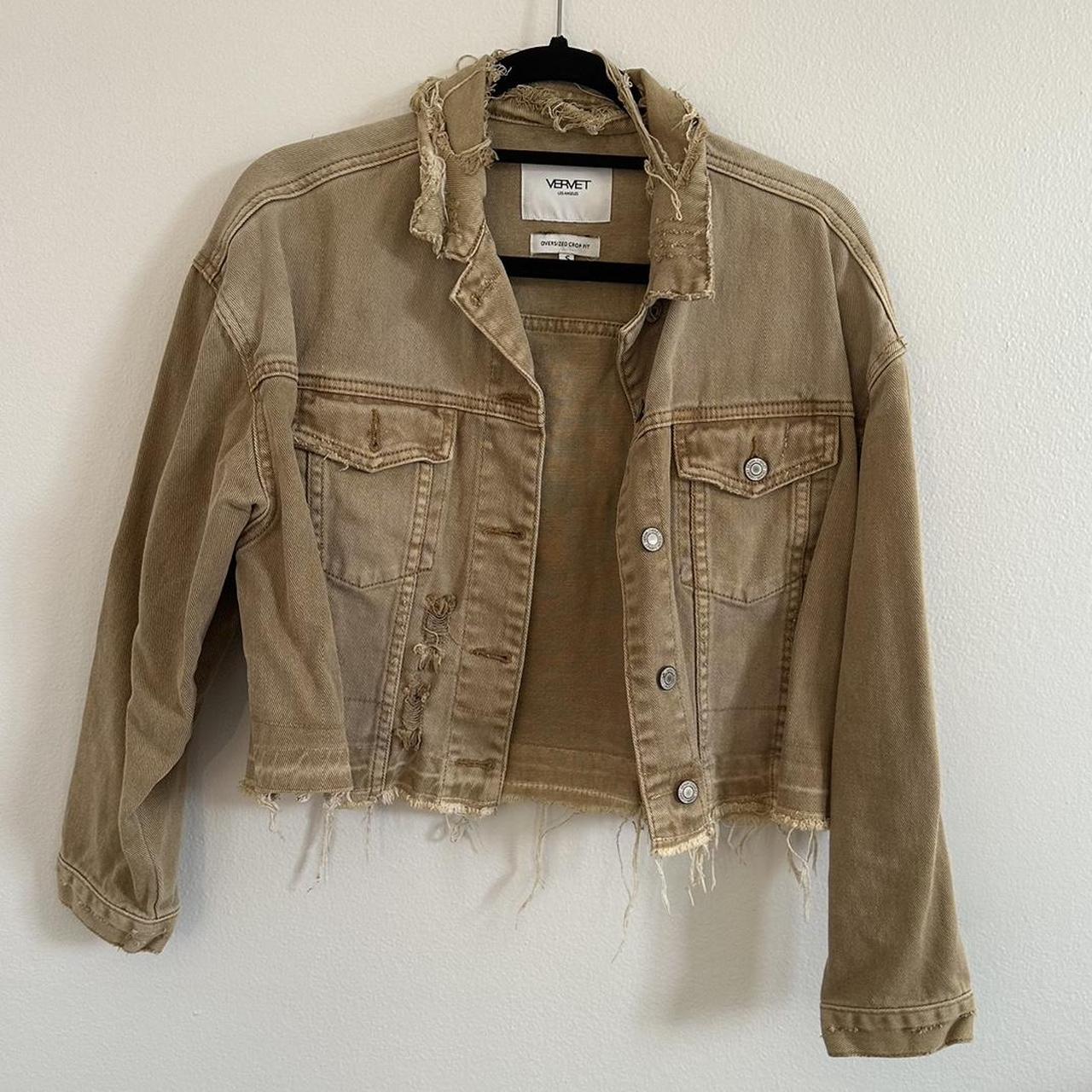 tan denim twill jacket button up cropped - Depop