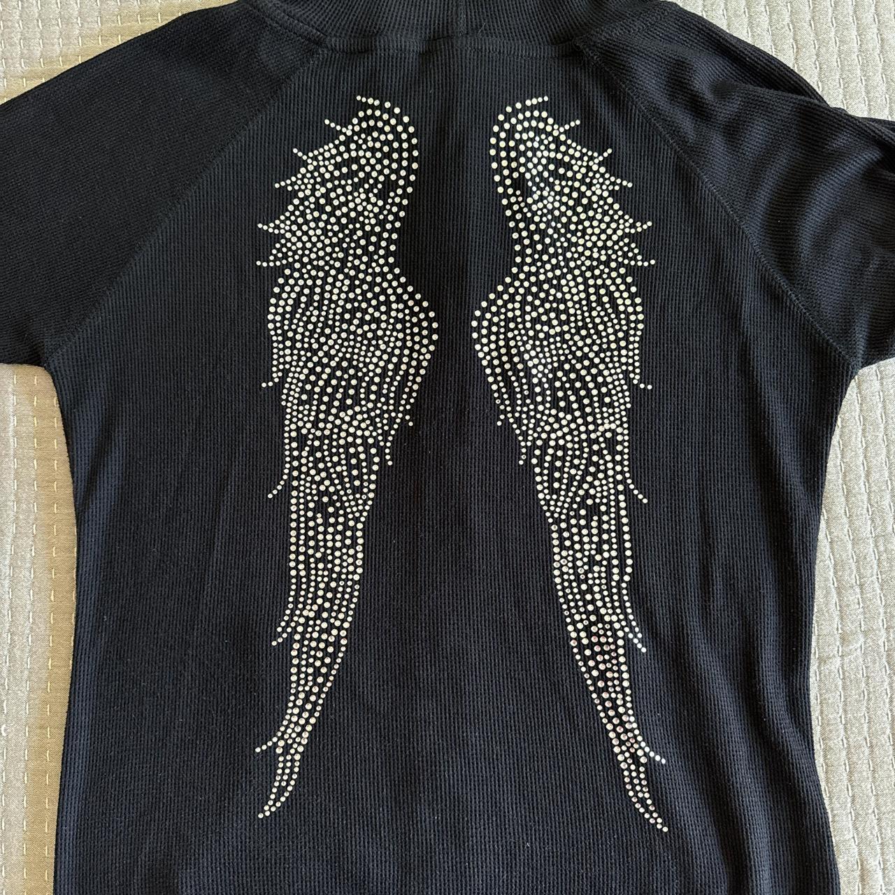 y2k black rhinestone angel wing jacket with hood zip... - Depop