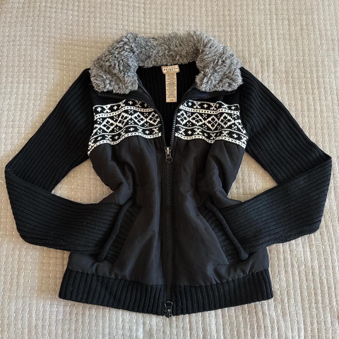 knit & puffer jacket zip up sweater with faux fur... - Depop