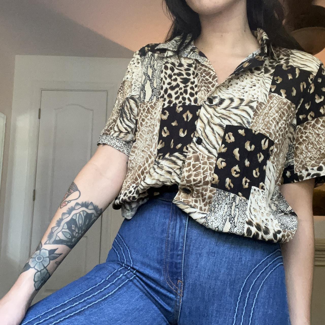 Vintage patchwork button up shirt with animal print... - Depop
