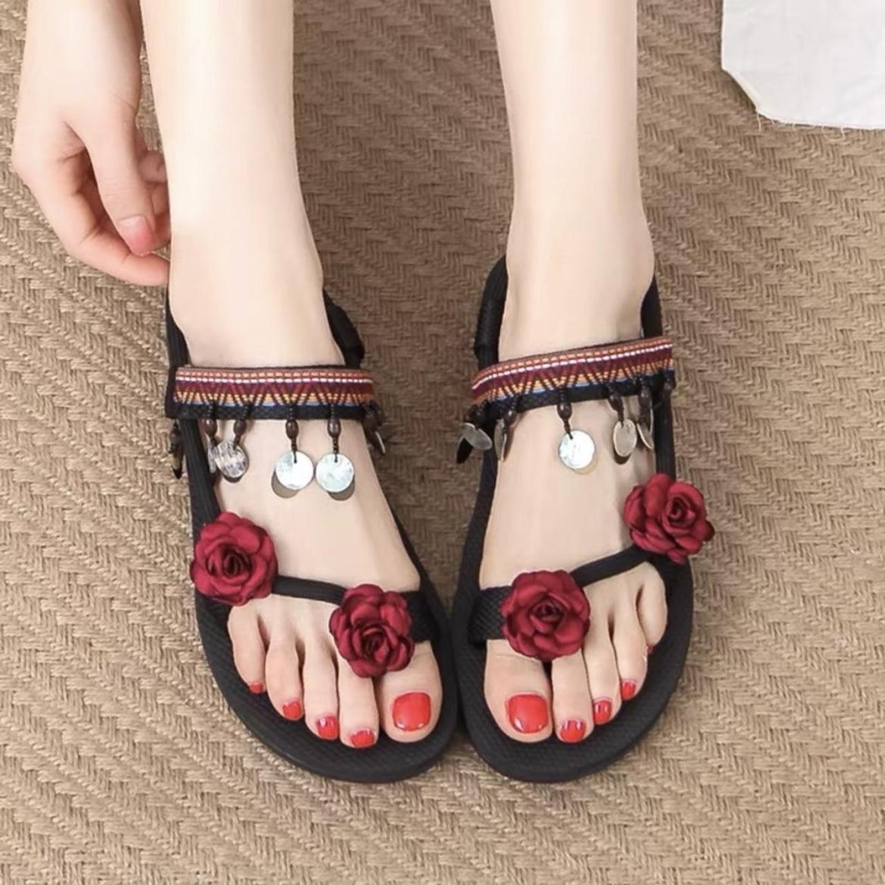 NEW Black/Red Floral Bohemian Sandals. New without... - Depop
