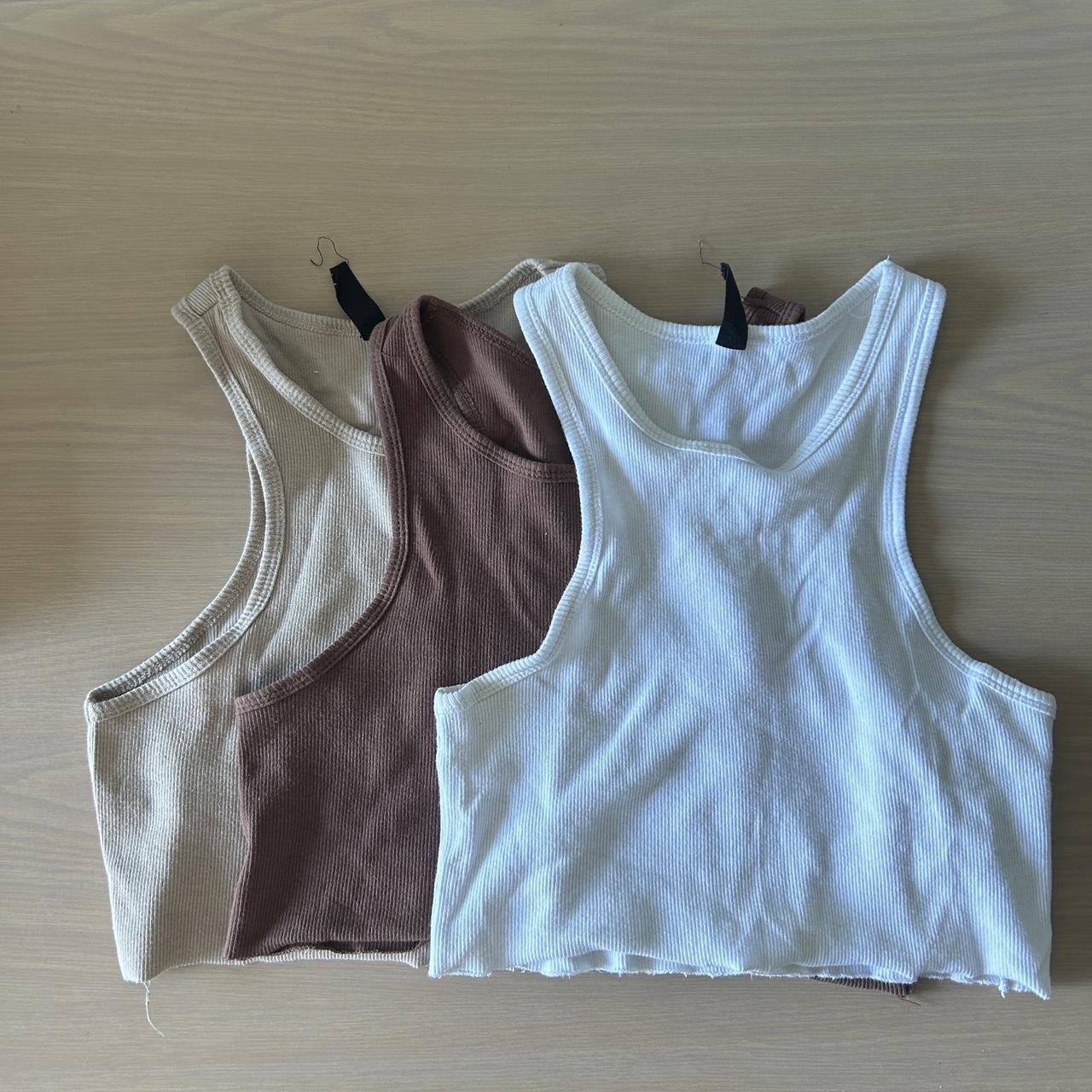 trio of basic singlets - white, tan & brown cotton... - Depop