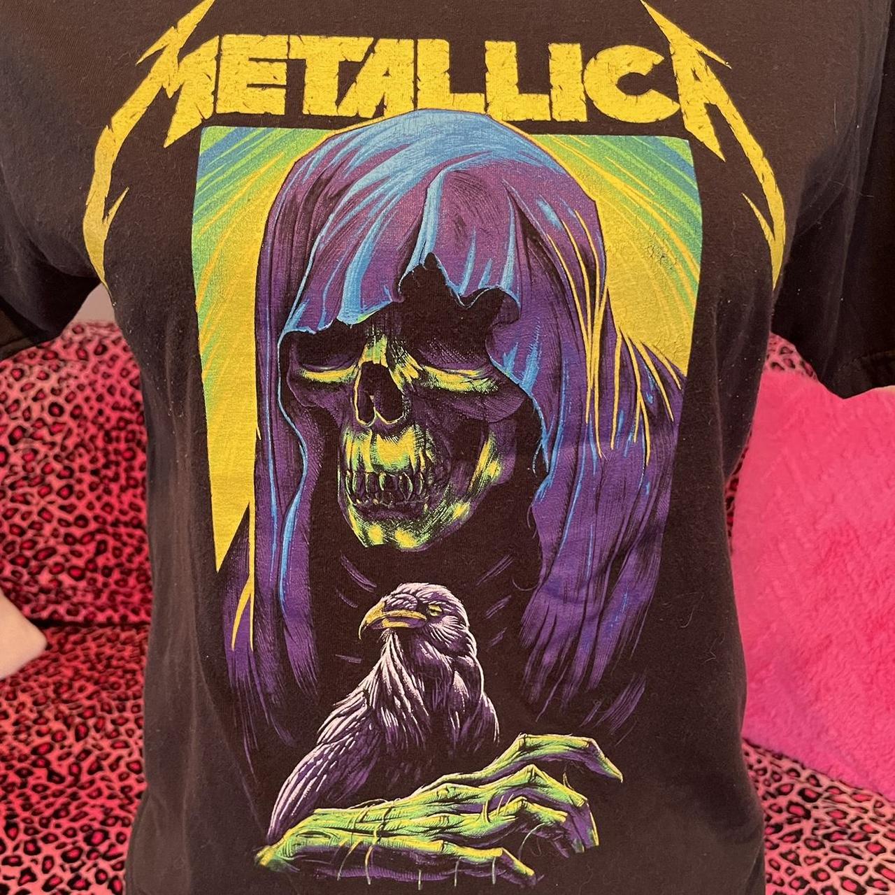 Metallica neon yellow green blue reaper logo band... - Depop