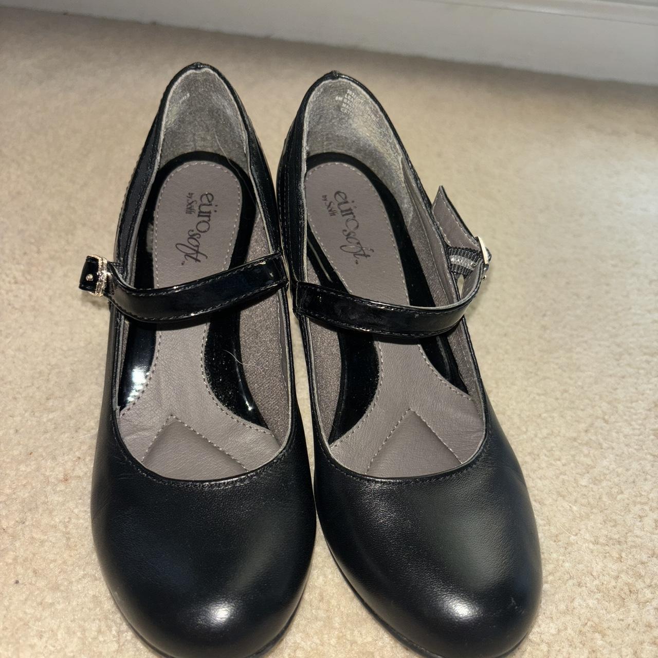 Black leather Mary Jane style heels with a 2 inch... - Depop