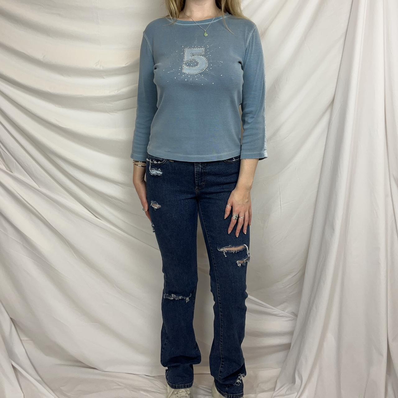 Blue Y2K Long Sleeve Top With embroidered and... - Depop