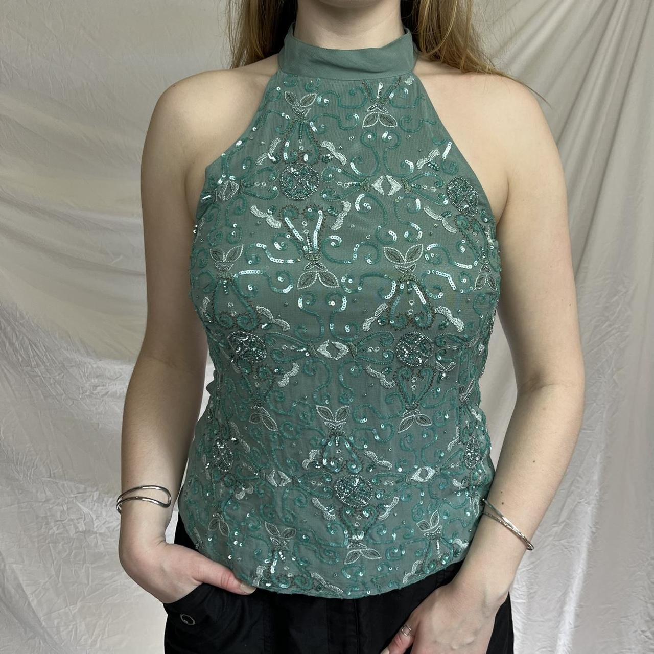 Vintage Halterneck Top Y2K turquoise embellished... - Depop