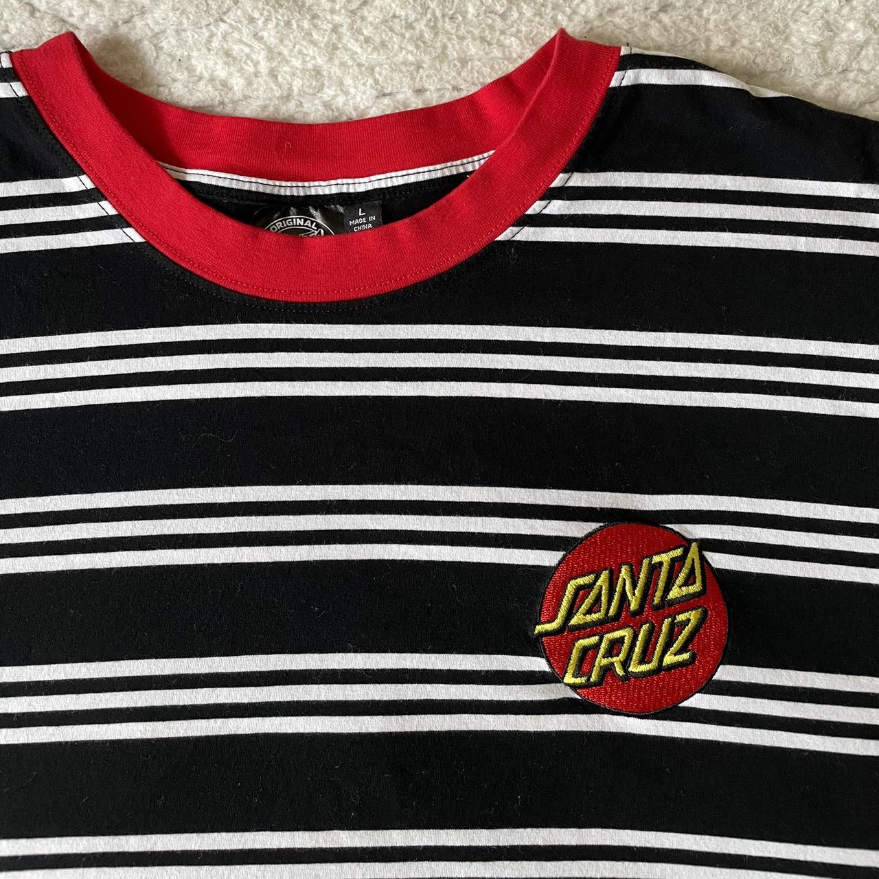 Santa Cruz black and white striped logo tee red... - Depop