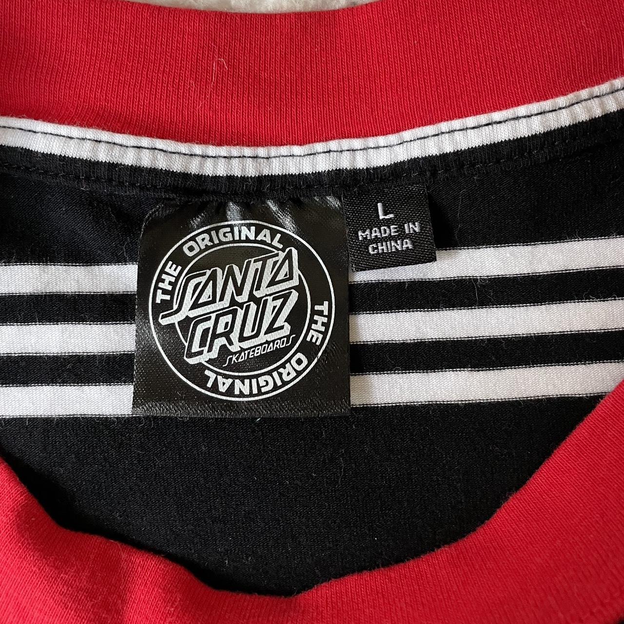 Santa Cruz black and white striped logo tee red... - Depop