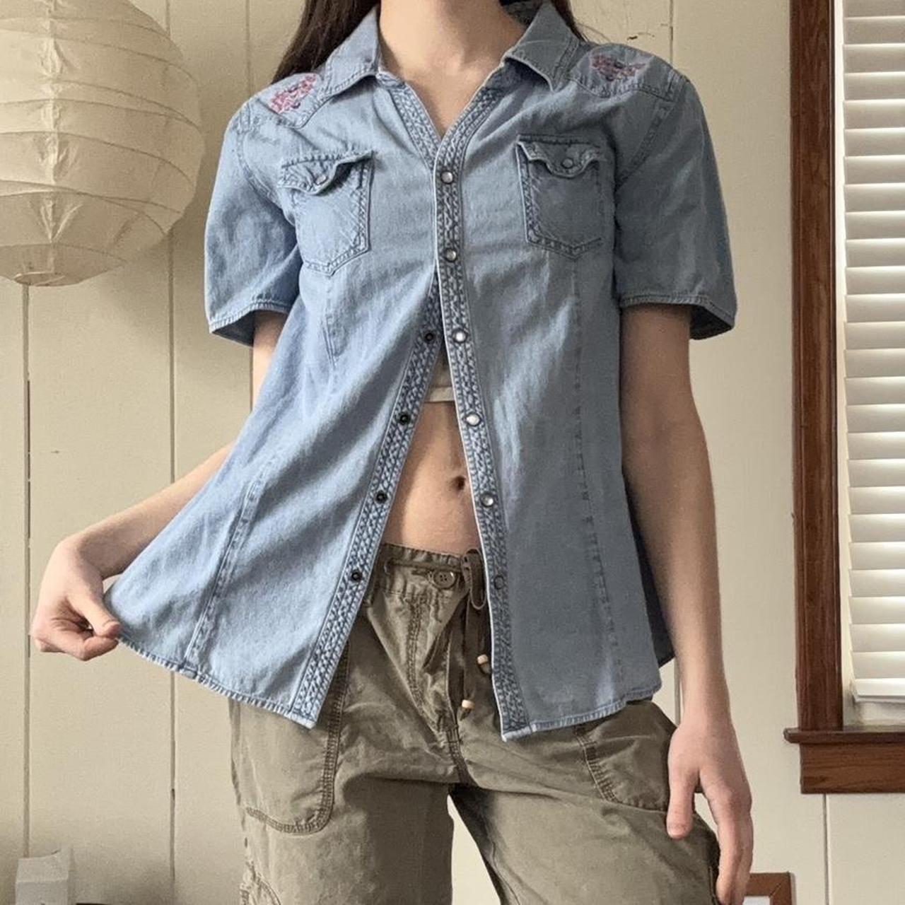 90s denim cottage blouse with floral embroidery... | Depop