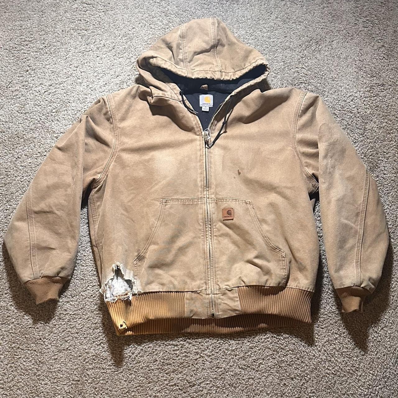 Vintage thrashed carhartt j130 tan color hooded... | Depop