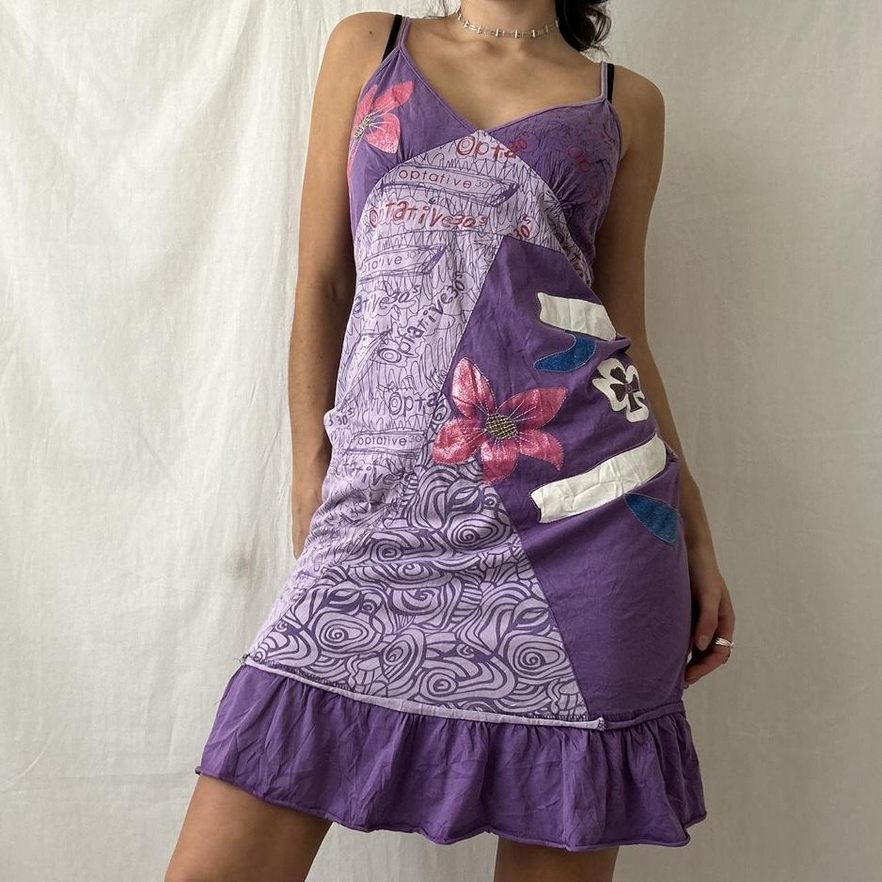 vintage purple summer dress with graphic print midi... - Depop
