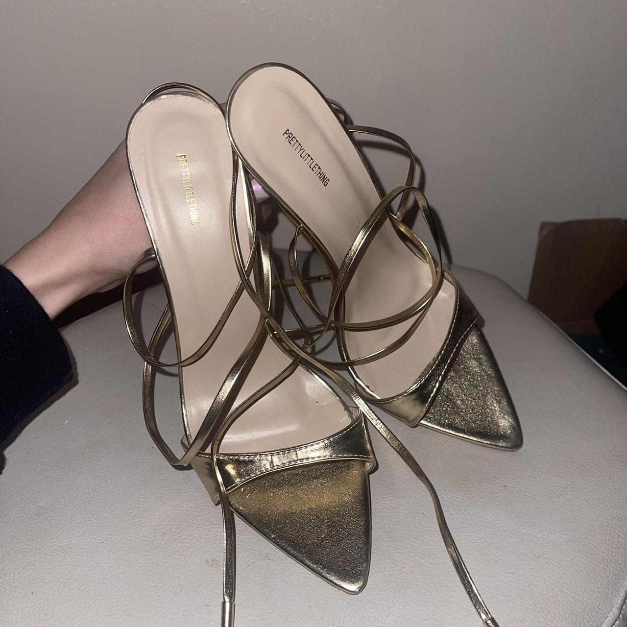 Gold strappy lace up heels with pointed toe size 4... - Depop