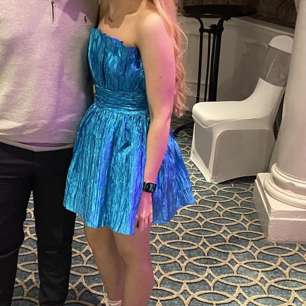 Bright metallic blue mini dress. Bandeau top and... - Depop