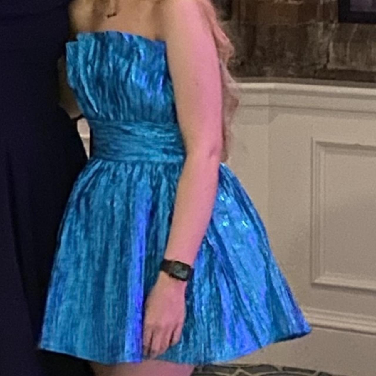 Bright metallic blue mini dress. Bandeau top and... - Depop