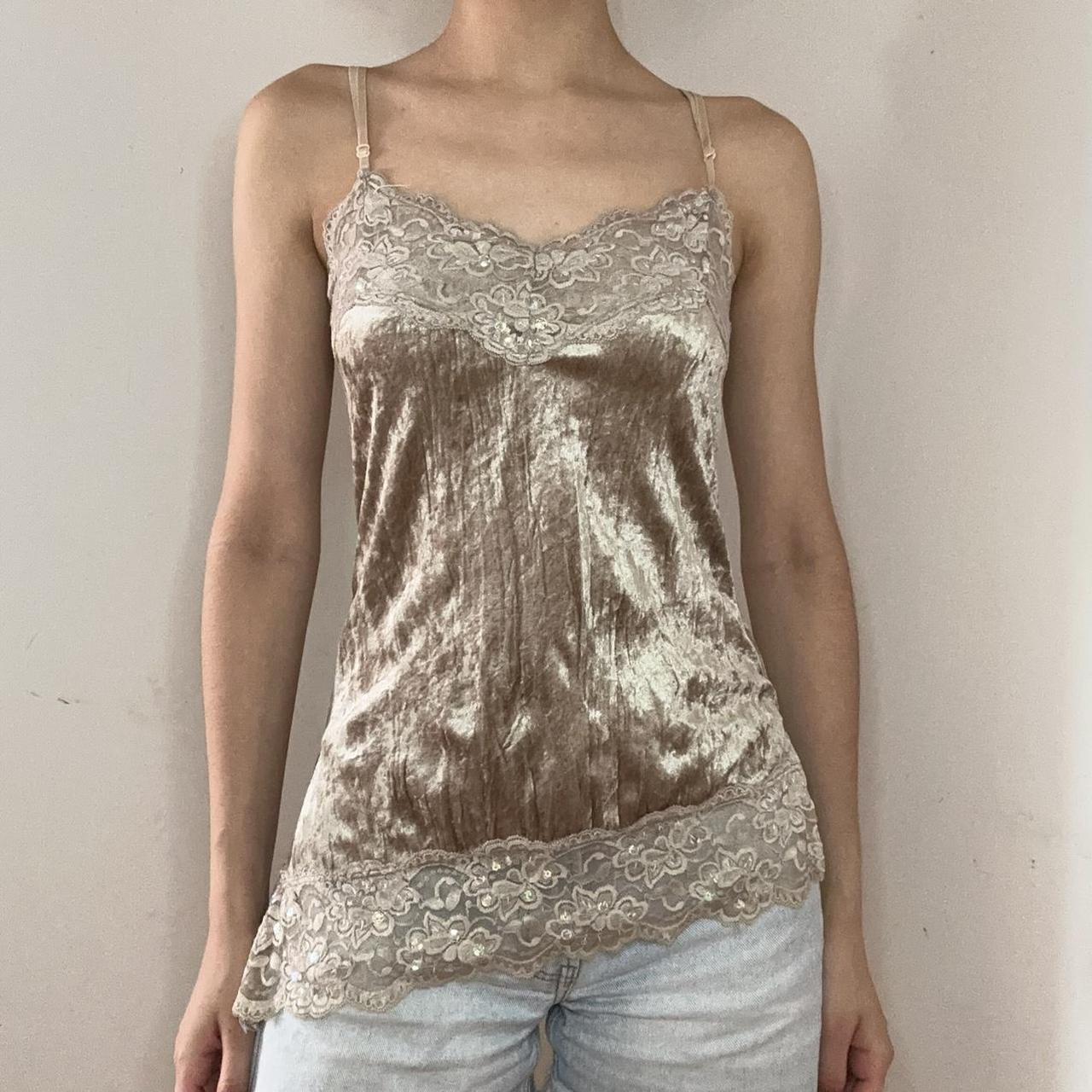 Velvet asymmetrical champagne colored cami tank with... - Depop