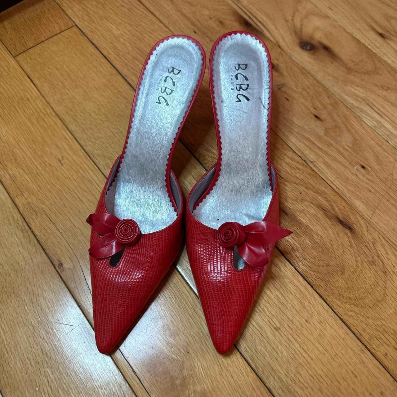 Red kitten heel with rosette and lead detailing faux... - Depop