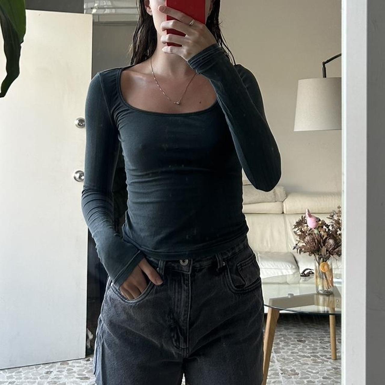 skims long sleeve charcoal top fitted, long... - Depop