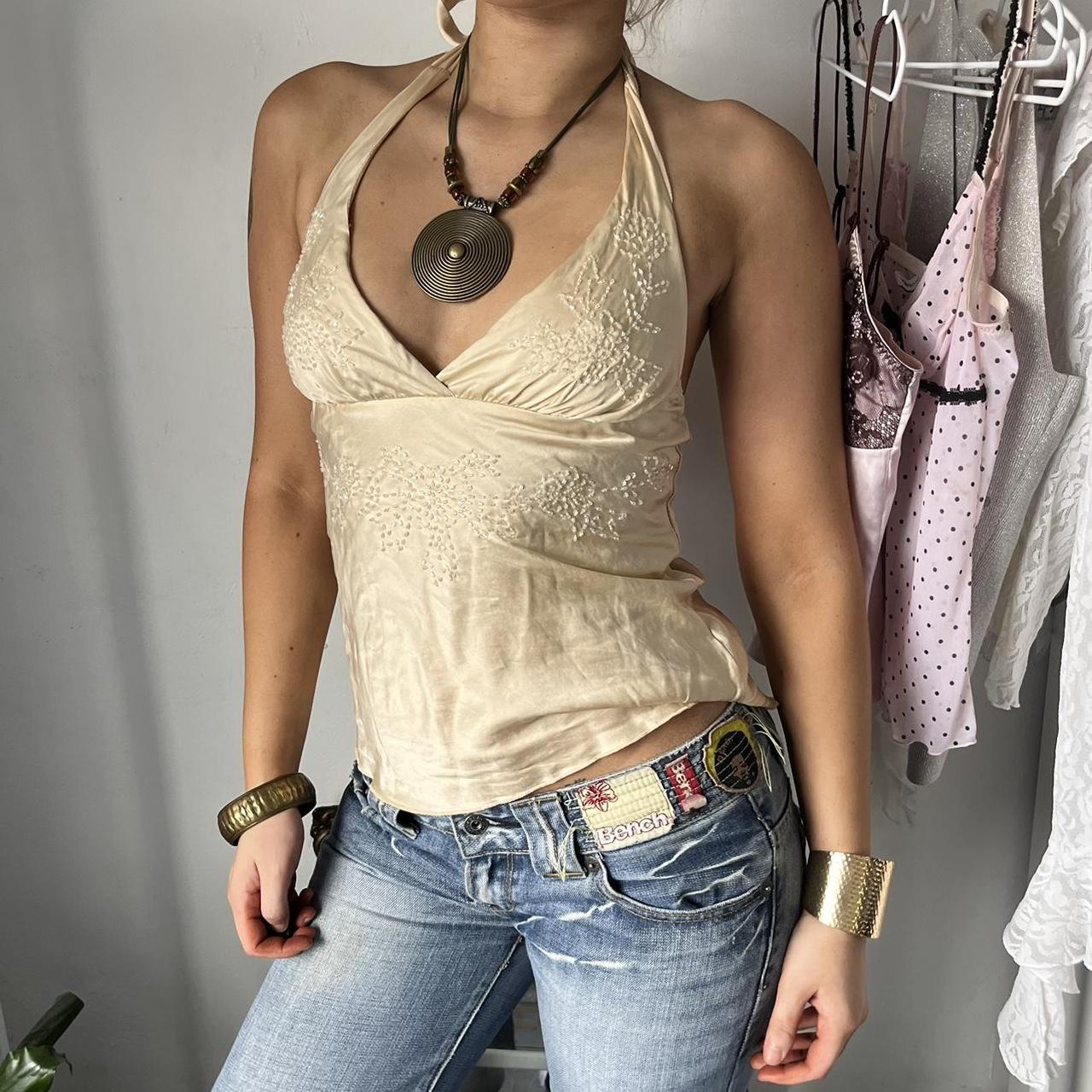 90s Miss posh cream silk halter top with embroidered... | Depop