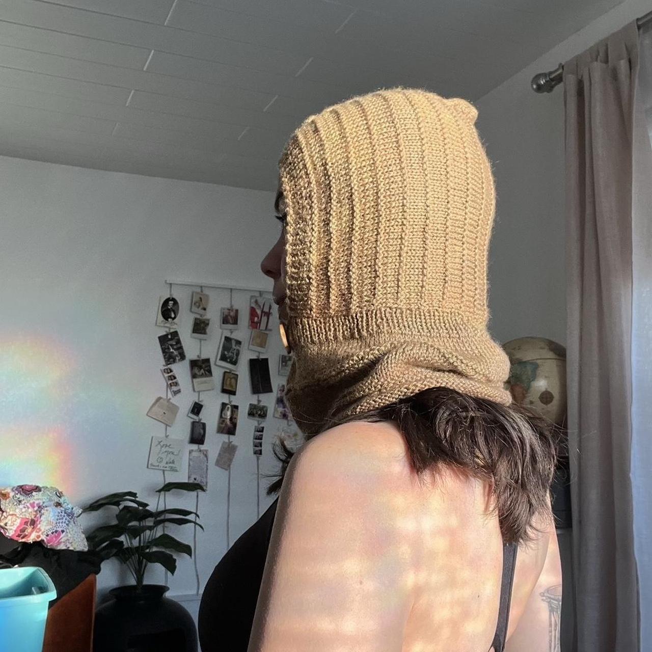 Knit balaclava / ski mask in beige with cute cute... - Depop