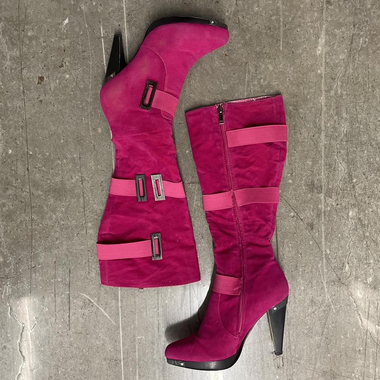 hot pink boots with silver buckle details brand:... - Depop