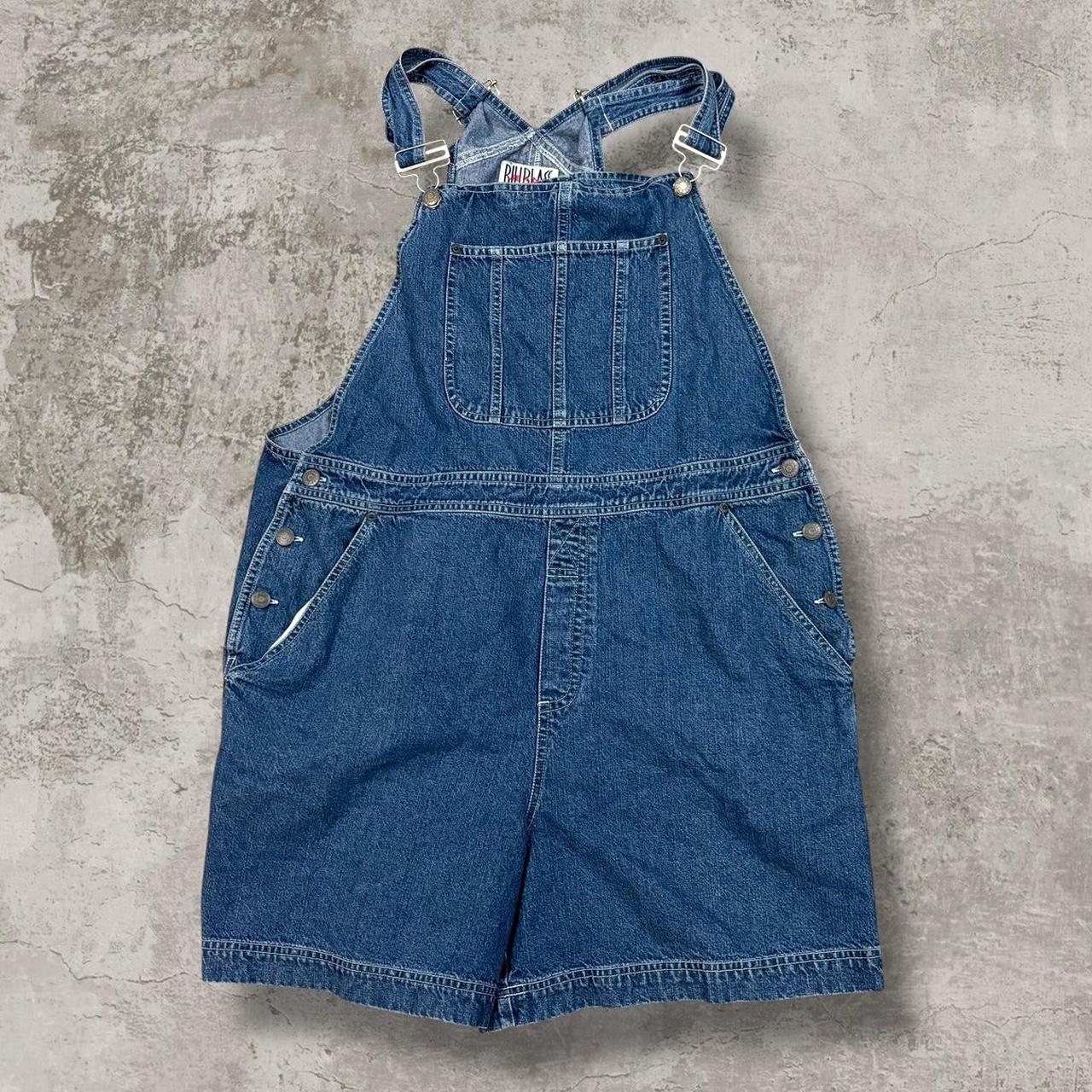dark blue denim overall shorts bill blass size xl - Depop
