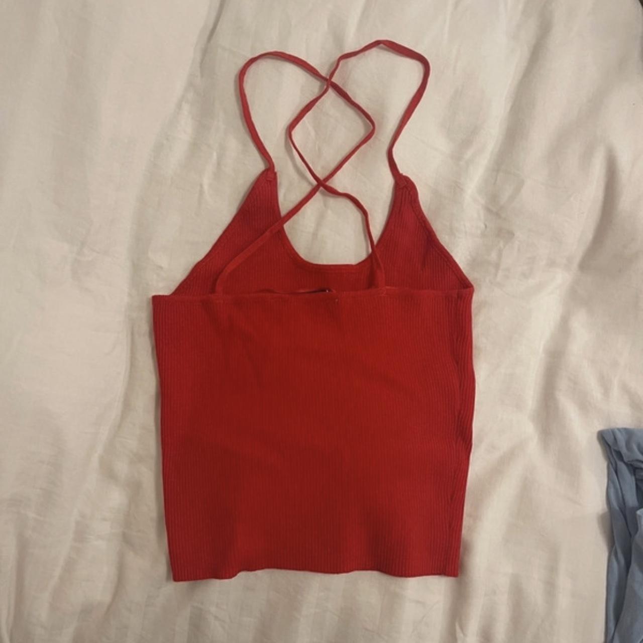 Red ribbed Zara halter neck cross back summer top... - Depop