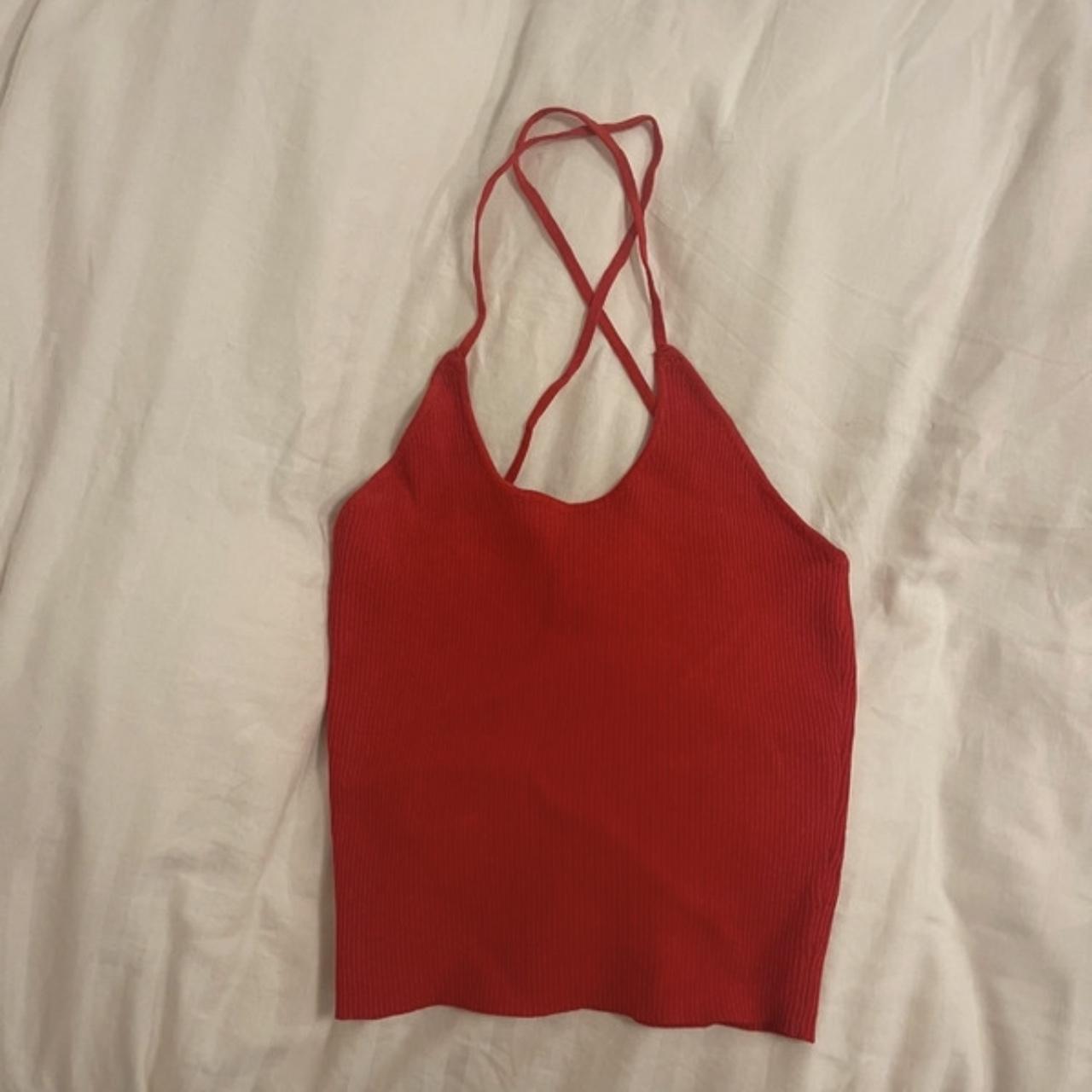 Red ribbed Zara halter neck cross back summer top... - Depop