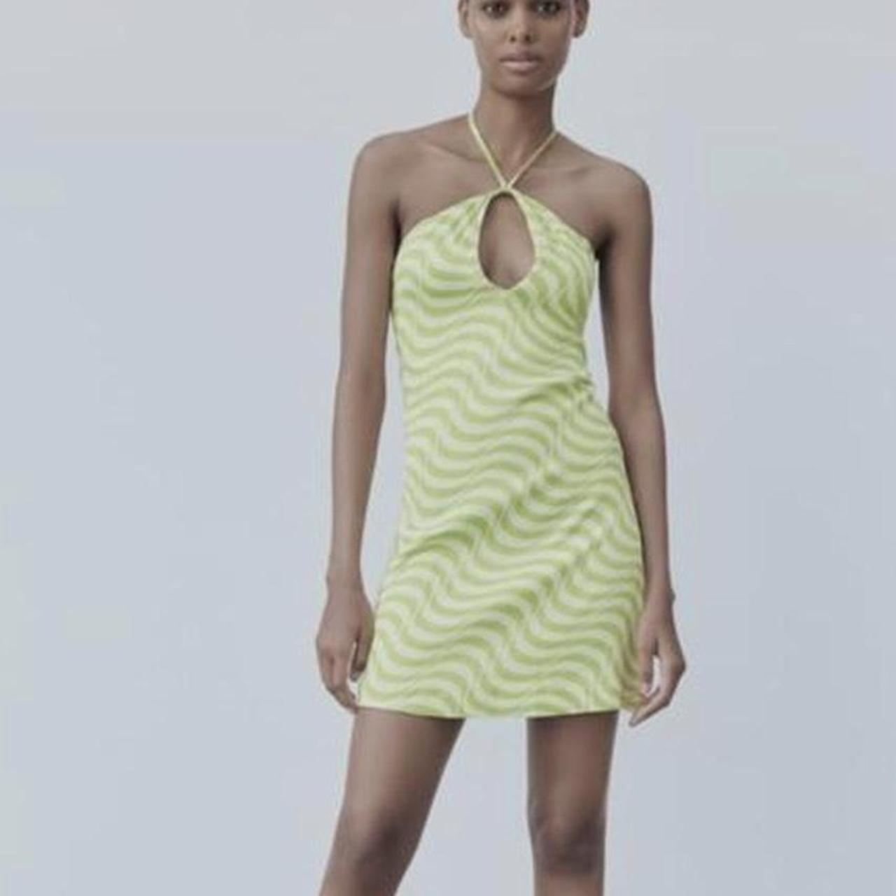 Zara y2k green and white zebra halter dress only... - Depop