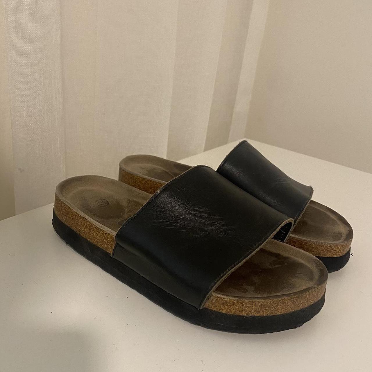 EAST black leather / cork slides Size aus... - Depop