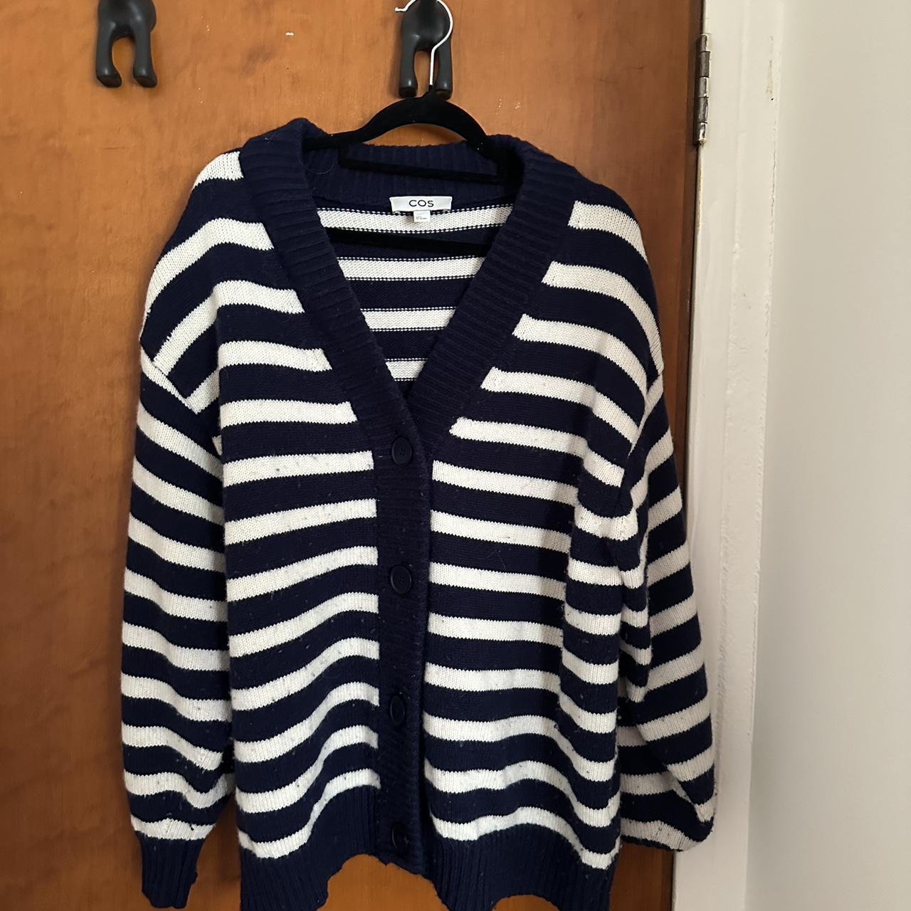 Cos Navy and white oversized striped cardigan. 100%... - Depop