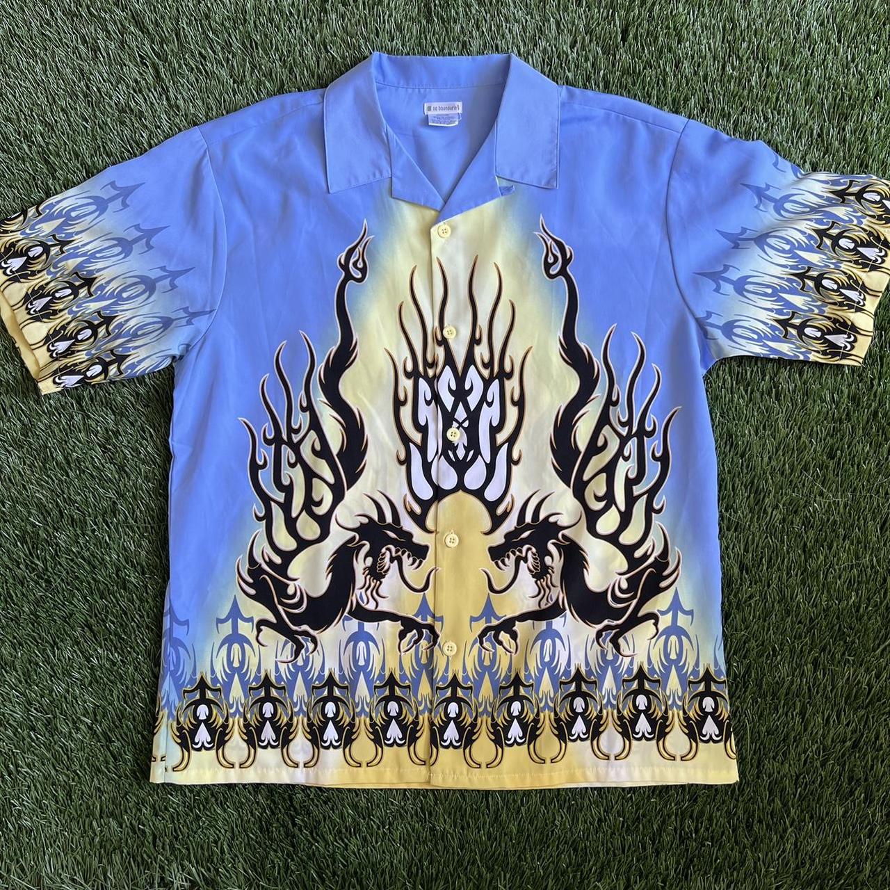 Vintage No Boundaries flame dragon button up shirt •... - Depop