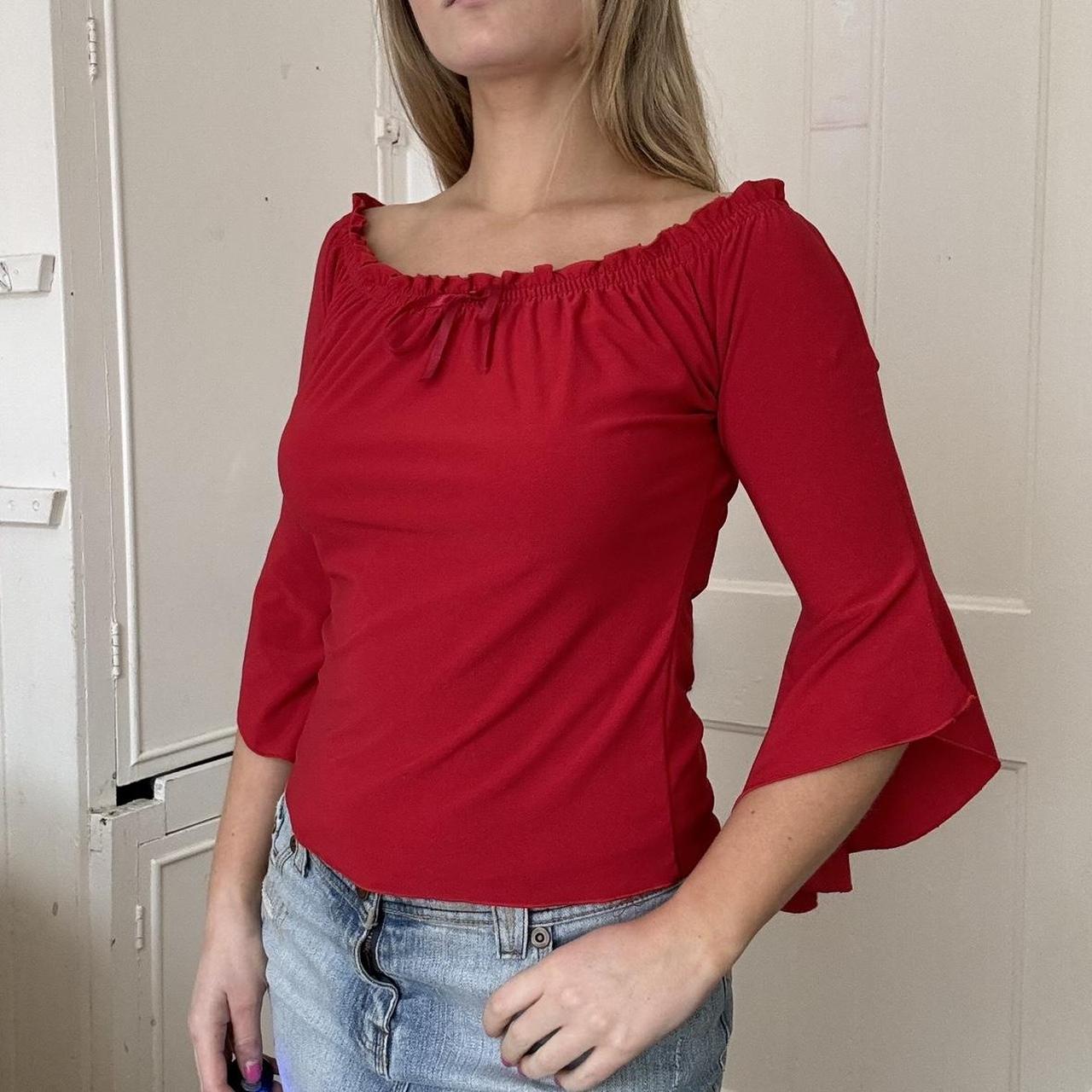 Vintage flared sleeved red Bardot top. Size 14 on... - Depop