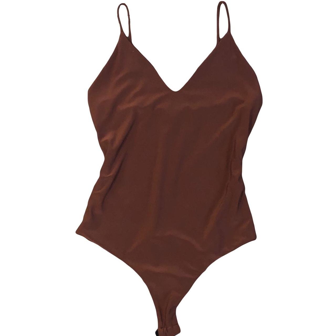 Brown bodysuit, deep v, soft ☺️ Length 25in Waist... - Depop