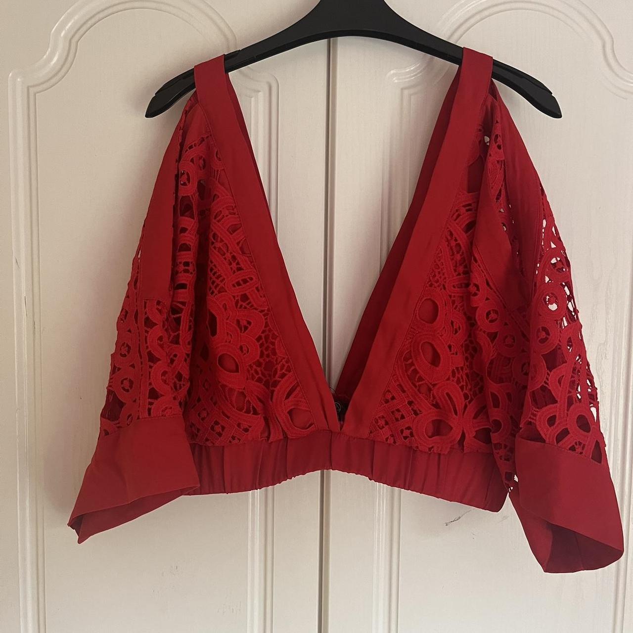 Missguided red lace crochet deep plunge crop top.... - Depop