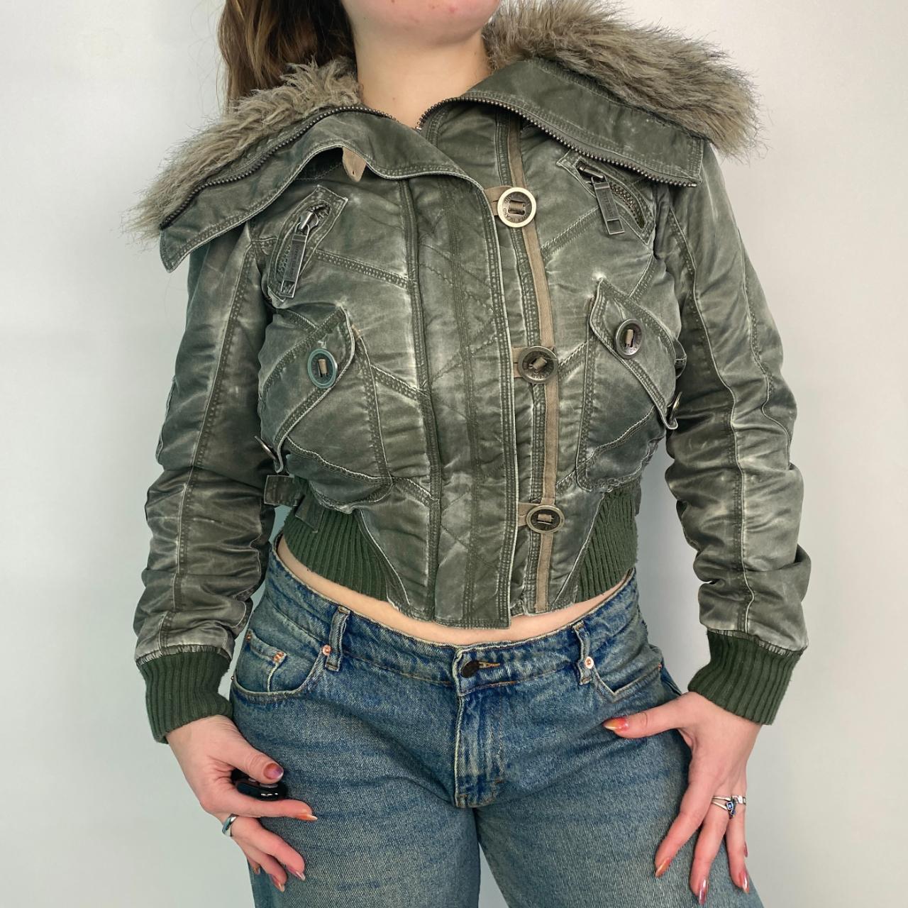 Y2K River Island Khaki Bomber Jacket with Fur Collar... - Depop