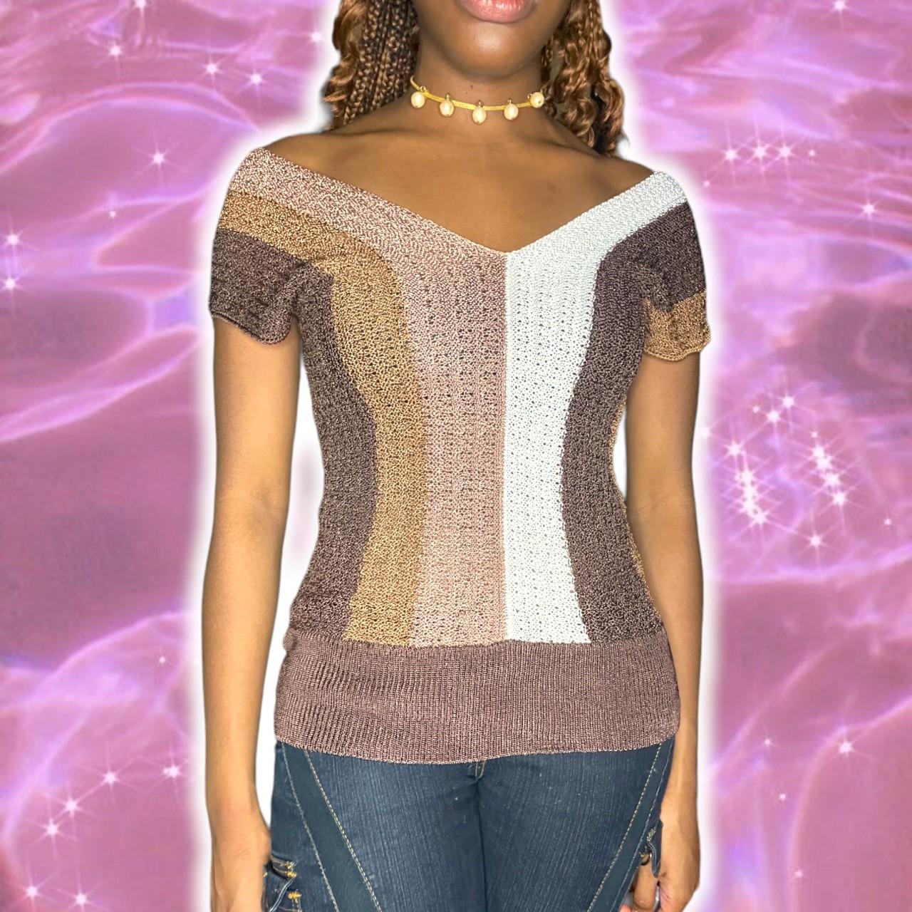 Y2K Bebe earthy multitone knit v neck off shoulder... - Depop