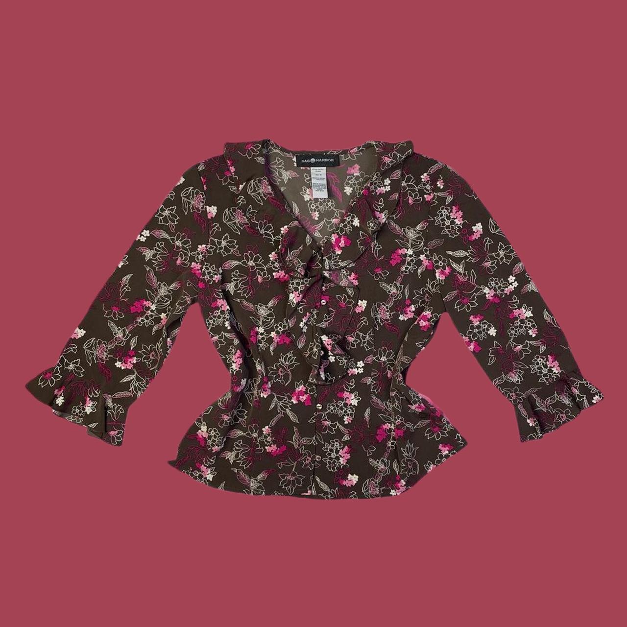 Pink & Brown Floral Blouse Flowy front trim. 3/4... - Depop