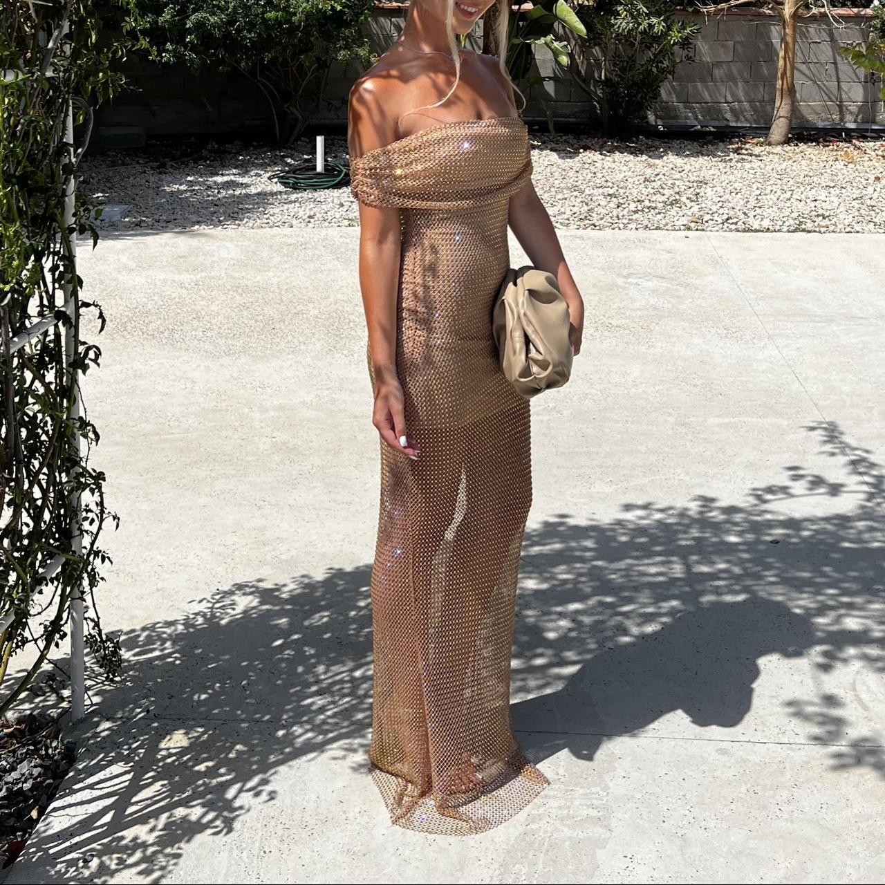 SELF PORTRAIT TAN RHINESTONE OFF SHOULDER FISHNET... - Depop