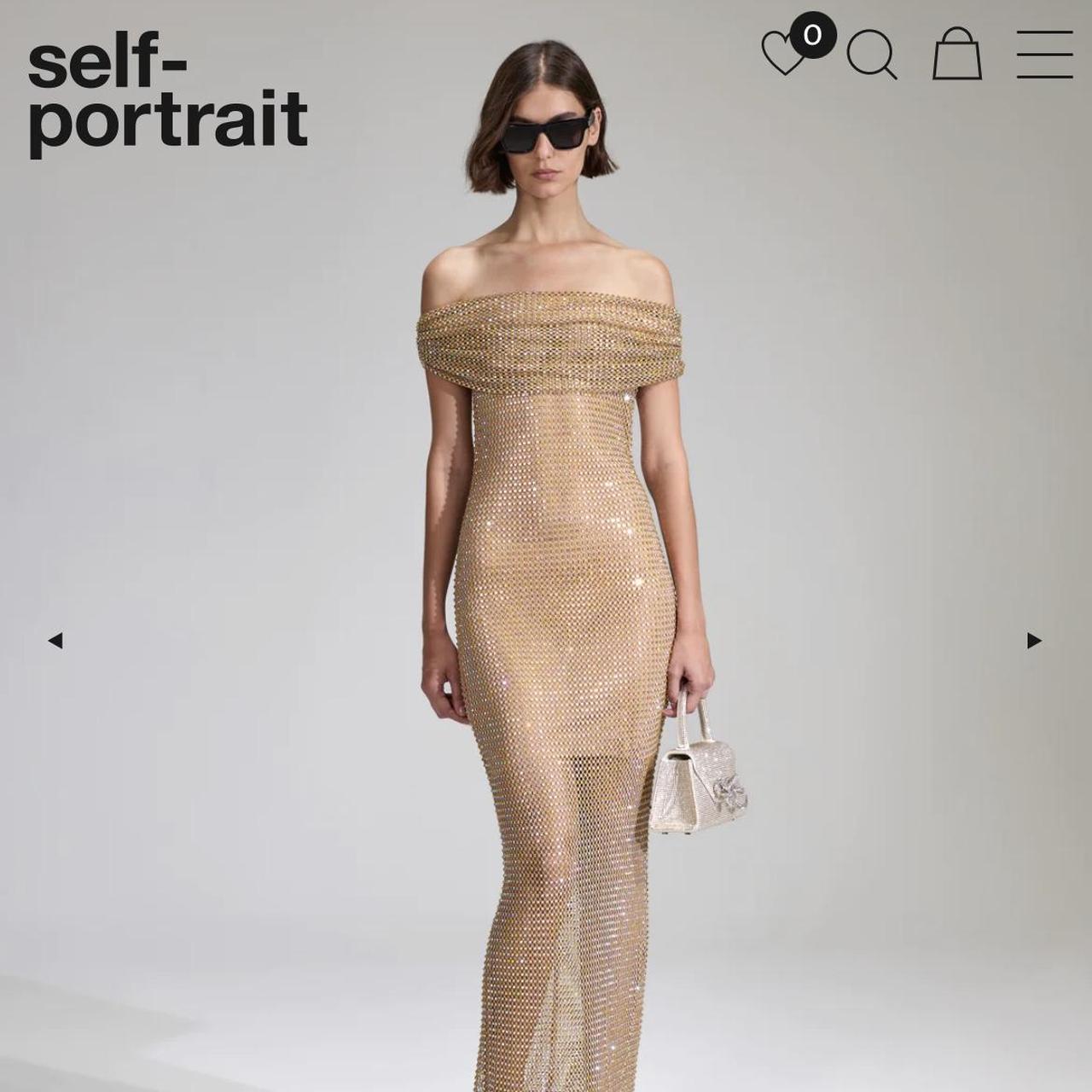 SELF PORTRAIT TAN RHINESTONE OFF SHOULDER FISHNET... - Depop