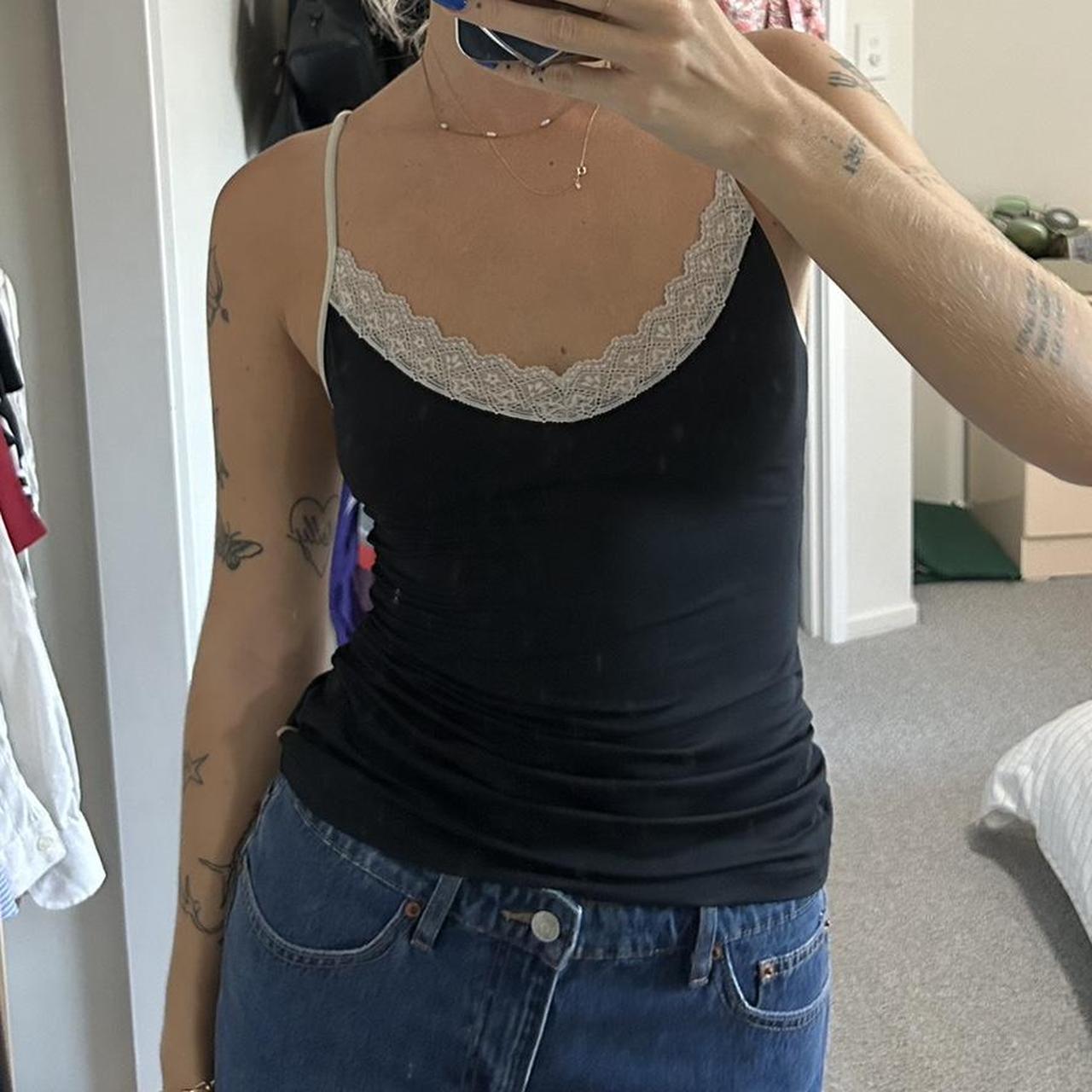 Vintage Black cami with lace décolletage Spandex... - Depop